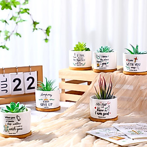 Junkin 12 Pcs Thank You Gift Employee Teacher Appreciation Gifts Ceramic Plant Succulent Pots with Bamboo Tray Christian Bible Verse Gifts Set Card for Easter(Plant is not Included)(Stylish)