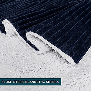 PAVILIA Sherpa Fleece Blanket Throw | Stripe, Super Soft, Plush, Luxury Flannel Throw | Thick Fluffy Ribbed Microfiber Blanket for Sofa Couch Bed (Navy Blue, 50x60 inches)
