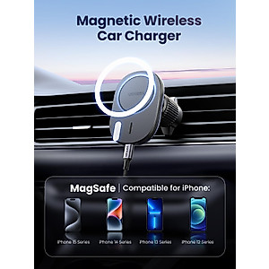 UGREEN Magnetic Wireless Car Charger Mount, Compatible with iPhone 15/14/13/12 Series Car Mount, Built-in 18 N52 Magnets, 11N Strong Magnets, Car Magnetic Phone Mount Charger