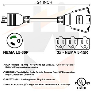 30 Amp to 110 Adapter L5-30P to LIT 3-Way Outlet Splitter by Journeyman Pro - 125 Volt, 30A to 15A, 3-Prong Locking Triple Tap 5-15R for RV Generators (2FT - L5-30P to LIT 3-WAY 15A)