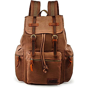 GEARONIC 21L Vintage Canvas Backpack for Men Women Leather Rucksack Knapsack 15 inch Laptop Tote Satchel School Military Army Shoulder Rucksack Hiking Bag-Coffee