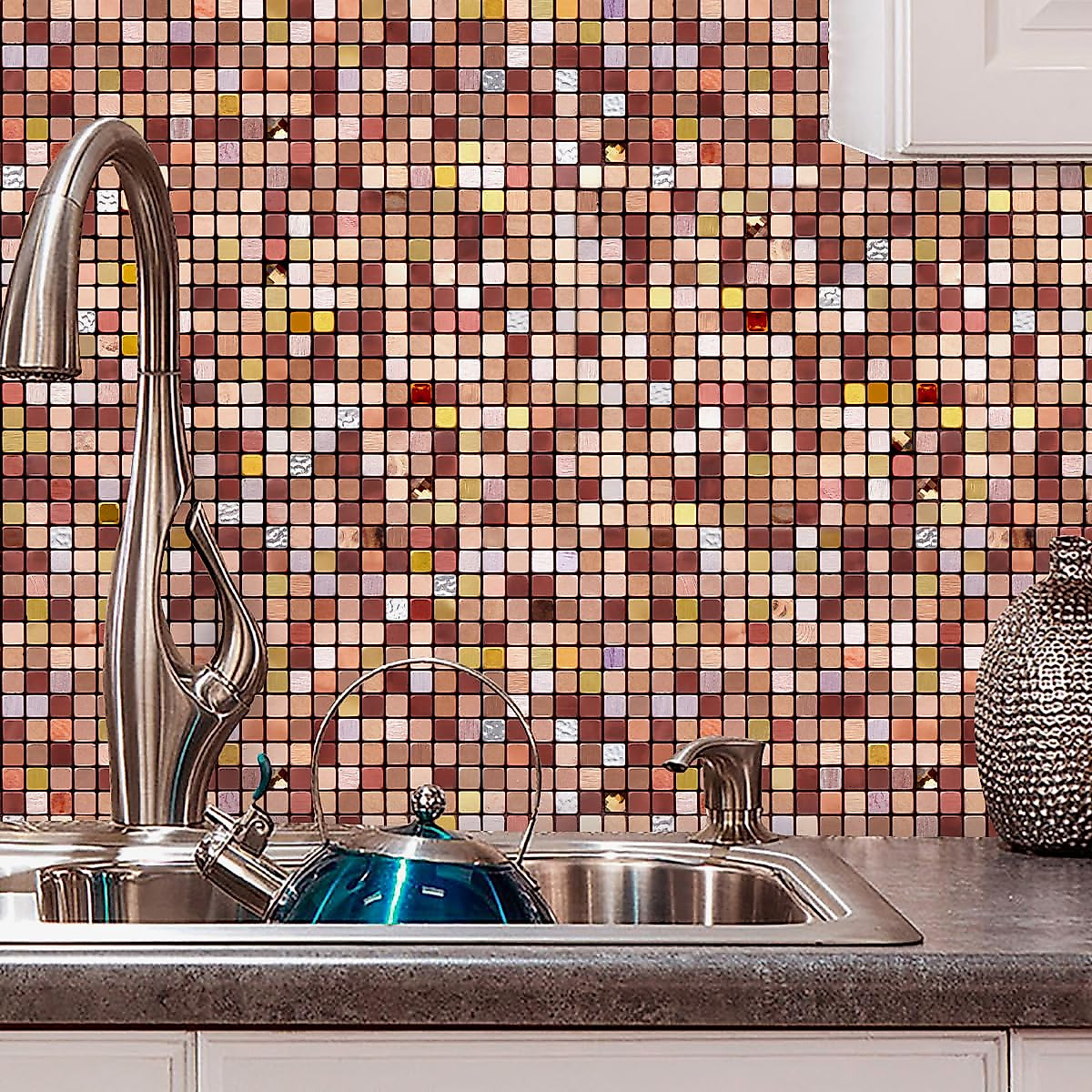 HomeyMosaic 10-Sheet Peel and Stick Backsplash Tile Stick on Kitchen Bathroom Fireplace Plaid Glass in Gradient Copper