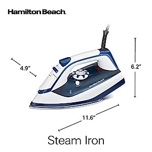 Hamilton Beach Iron & Steamer for Clothes with Smooth Press Stainless Steel Soleplate, 3-Way Auto Shutoff, 1500 Watts for High-Velocity Steam, 10’ Cord, Leak-Proof Anti-Drip, White (14650)