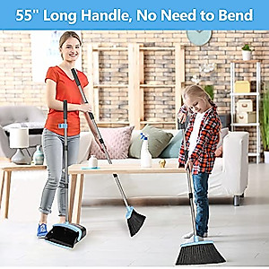 Folews Broom and Dustpan Set Heavy Duty, 55 Inch Long Handle Broom and Dust Pan Commercial Large Broom with Dustpan Combo Set Upright Dustpan Broom for Lobby Home Kitchen Outdoor Indoor - Blue