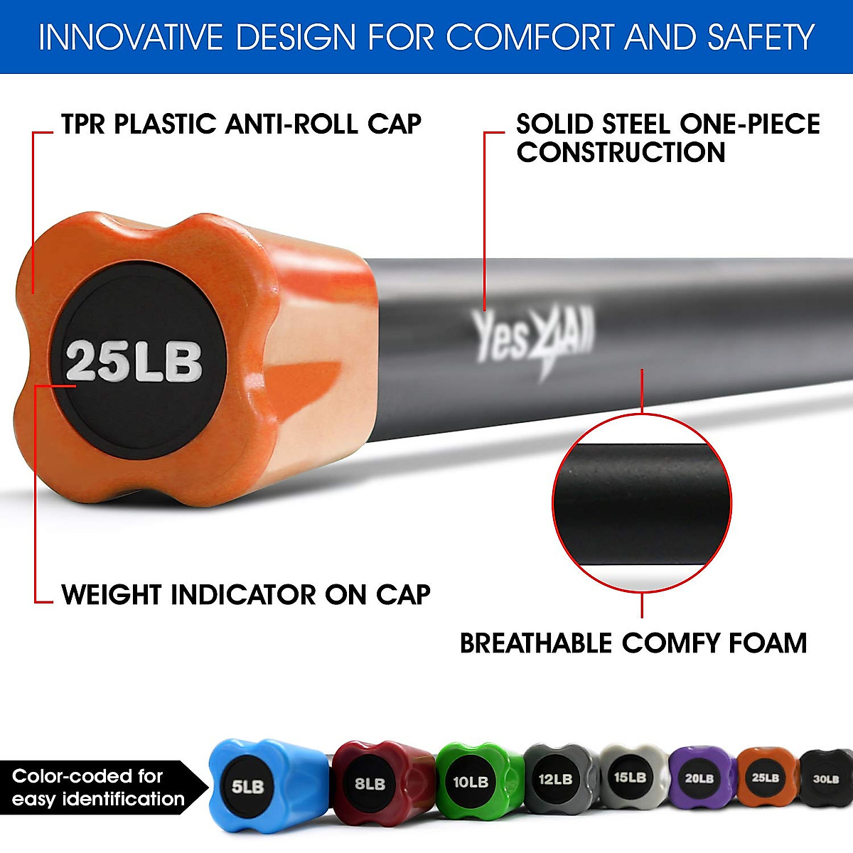 Yes4All Total Body Weighted Workout Bar, Body Bar For Exercise, Therapy, Aerobics, and Yoga, Strength Training 25lbs