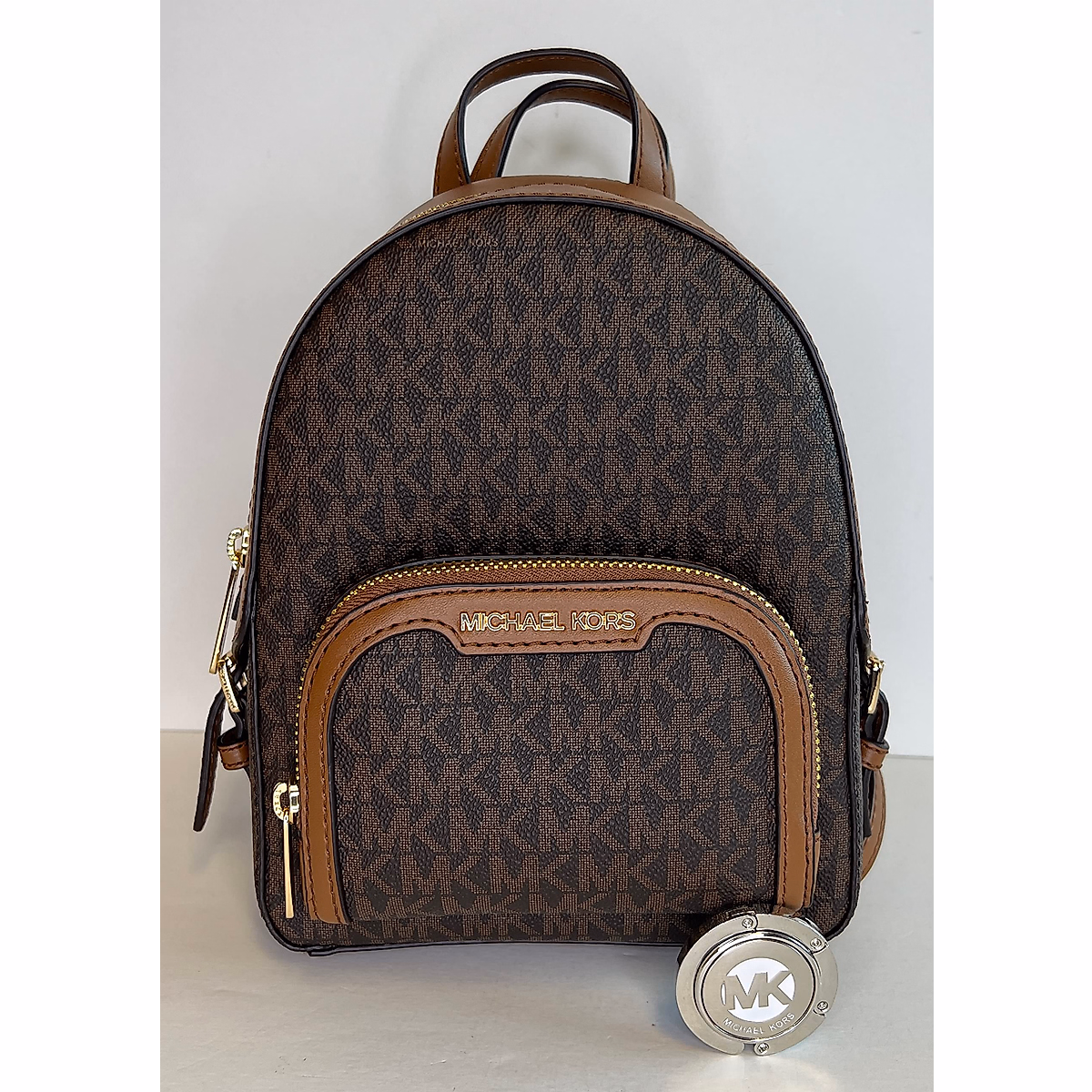 Michael Kors Jaycee XS Convertible Zip Pocket Backpack bundled with SM TZ Coinpouch Wallet Purse Hook (Signature MK Brown)