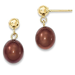 14K Yellow Gold 7mm Brown Rice Freshwater Cultured Pearl Drop Dangle Earrings