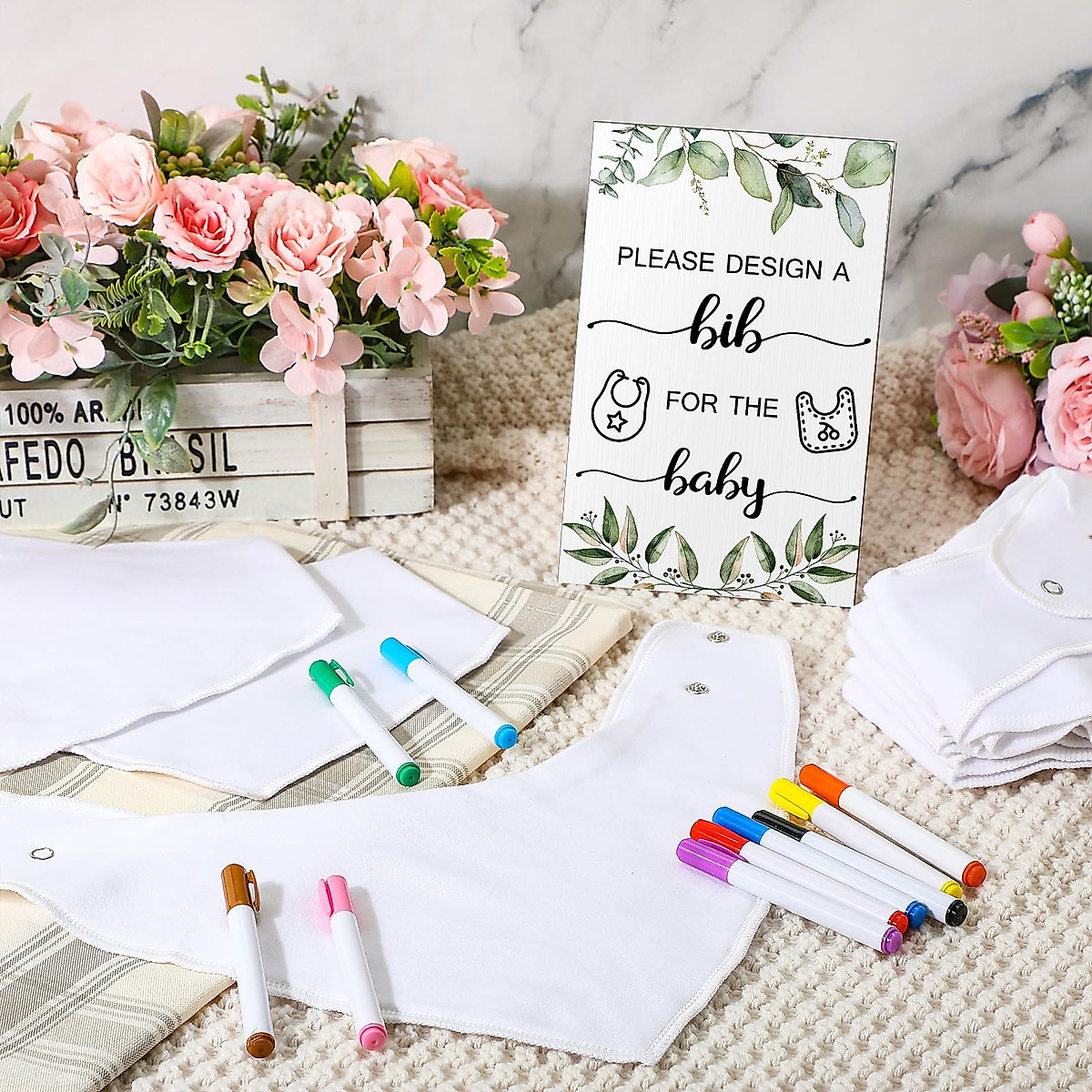 Qunclay 36 Pcs Baby Bibs Baby Shower Game Set Baby Bib Design 25 Pcs White Blank Baby Bibs Feeder Bibs for Baby, 1 Pcs Wooden Bib Sign, 10 Pcs Fabric Markers DIY Baby Gift for Gender Reveal