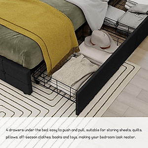 Tuconia Linen Upholstered Platform with 4 Storage Drawers Bed Frame with Headboard and Wooden Slats Support Easy Assembly Queen Size Black