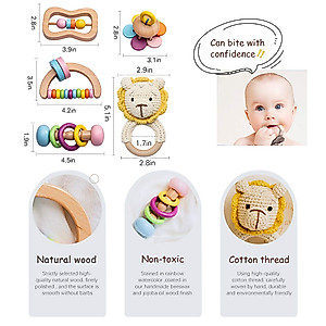 Wooden Baby Rattle Toys 5 PCS Rattle Set for Babies 0-6-12 Months Safari Animals Crochet Rattle Ring with Gift Box Wooden Montessori Toy for Newborn Infant Baby