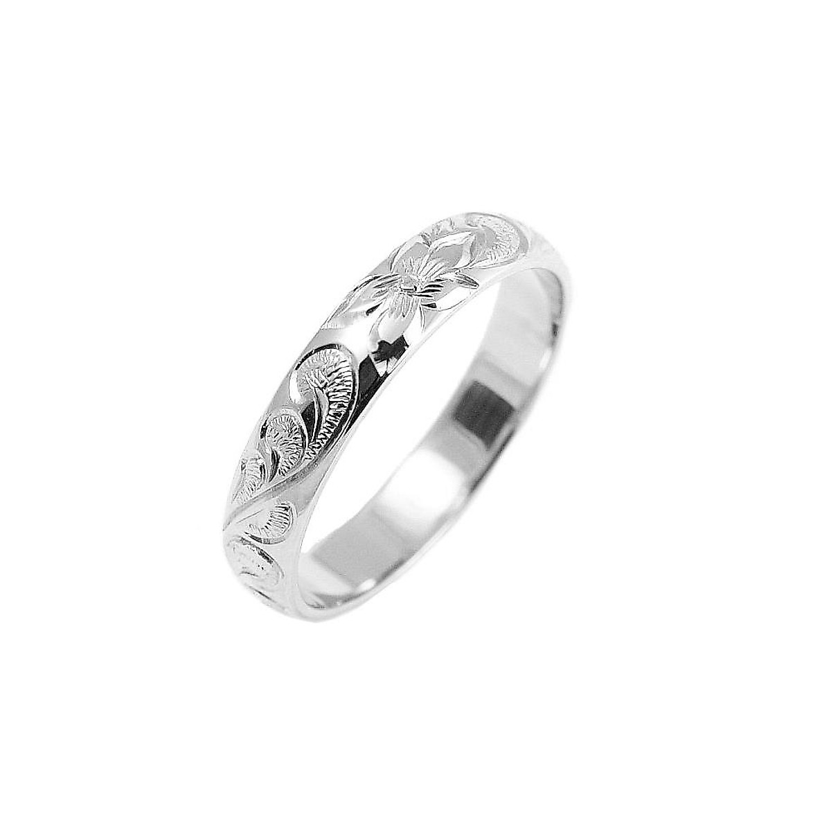 Arthur's Jewelry 14K white gold custom hand engraved Hawaiian queen plumeria scroll band ring 4mm size 9.5