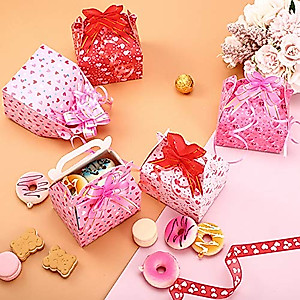 36 Pieces Mini Valentines Day Treat Boxes, Sweet Red and Pink Cardboard Paper Box Heart Printed Candy Boxes for Goody Cookie Holder with 40 Pieces Wrapping Bow Ties for Valentine's Day Party Supplies