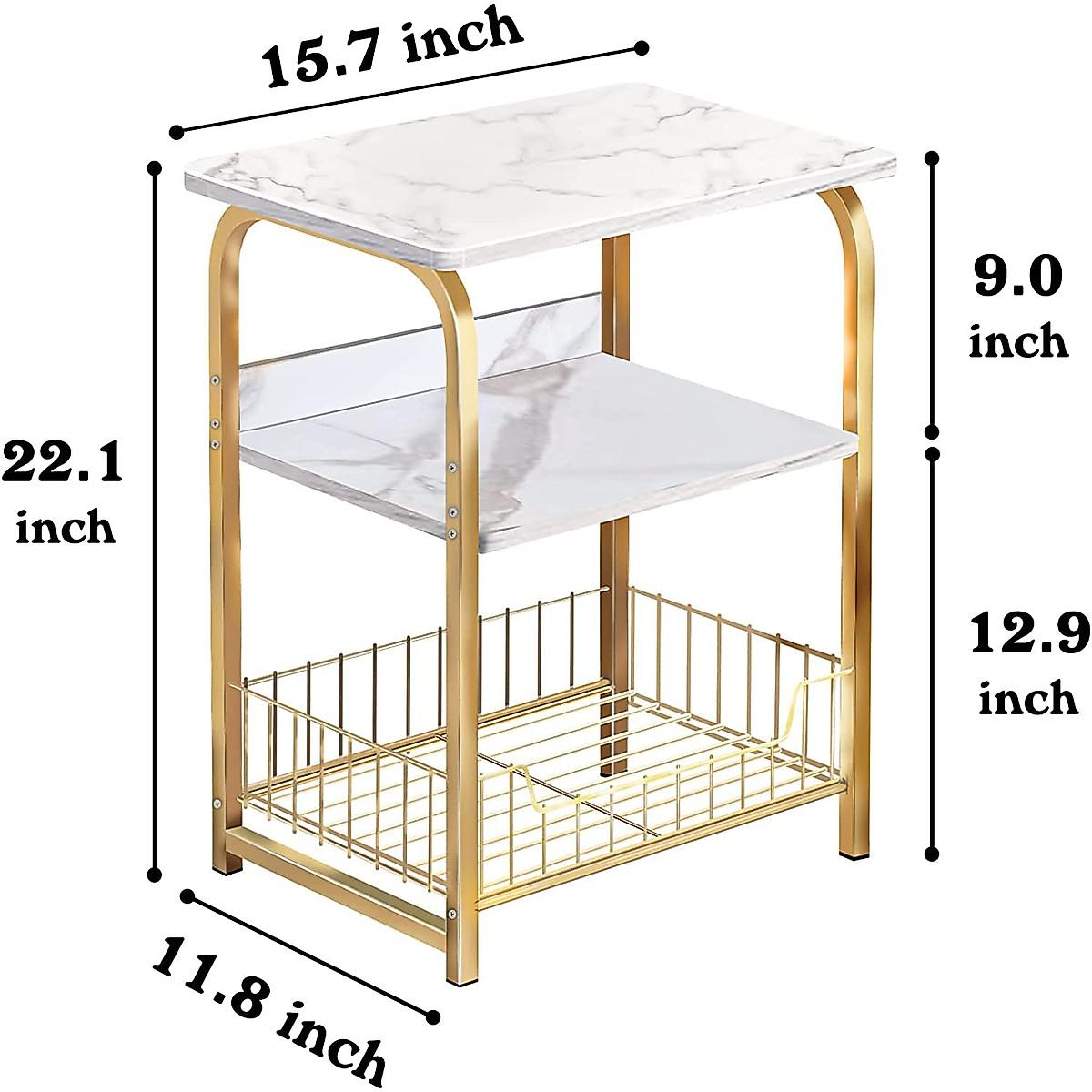 Garden 4 you End Table 2PC Side Table 3 Tiers White Marble Nightstand Industrial Retro Storage Shelf for Living Room Bedroom Kitchen Family and Office,Stable Wood and Metal Frame