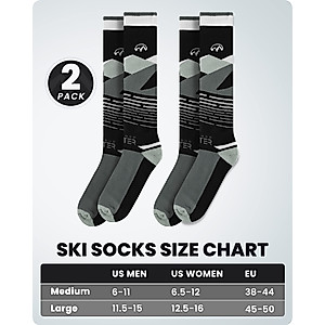 OutdoorMaster Ski Socks, 2-Pair Pack Skiing and Snowboarding Thermal Socks for Men with Non-Slip Cuff Design, Geometric Patterns - Black, Large