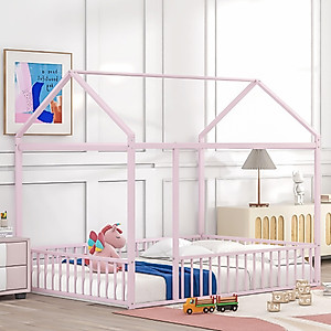 Harper & Bright Designs Full House Bed with Rails, Metal Full Floor Bed for Kids, Full Size Montessori Bed Frame with Roof, Kids Full Playhouse Beds for Boys Girls(Pink)