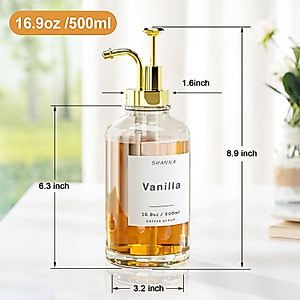 Coffee Syrup Dispenser for Coffee Bar, 16.9oz 500ml Glass Syrup Dispenser w Golden Coffee Scoop, Coffee Syrup Pump Dispenser w 36 Labels and Bamboo Tray, Coffee Syrup Bottles with Golden Pump, 2PCS
