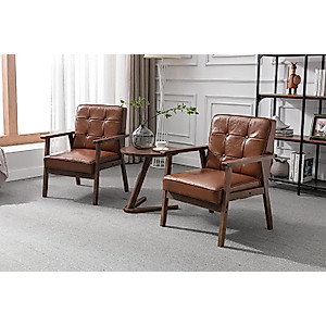 Okeysen Accent Chairs Set of 2 with Side Table, Mid Century Modern Accent Chair, Retro Wood and Leather Armchairs Side Chair, Lounge Reading Comfy Arm Chair for Living Room, Bedroom, Office（Brown