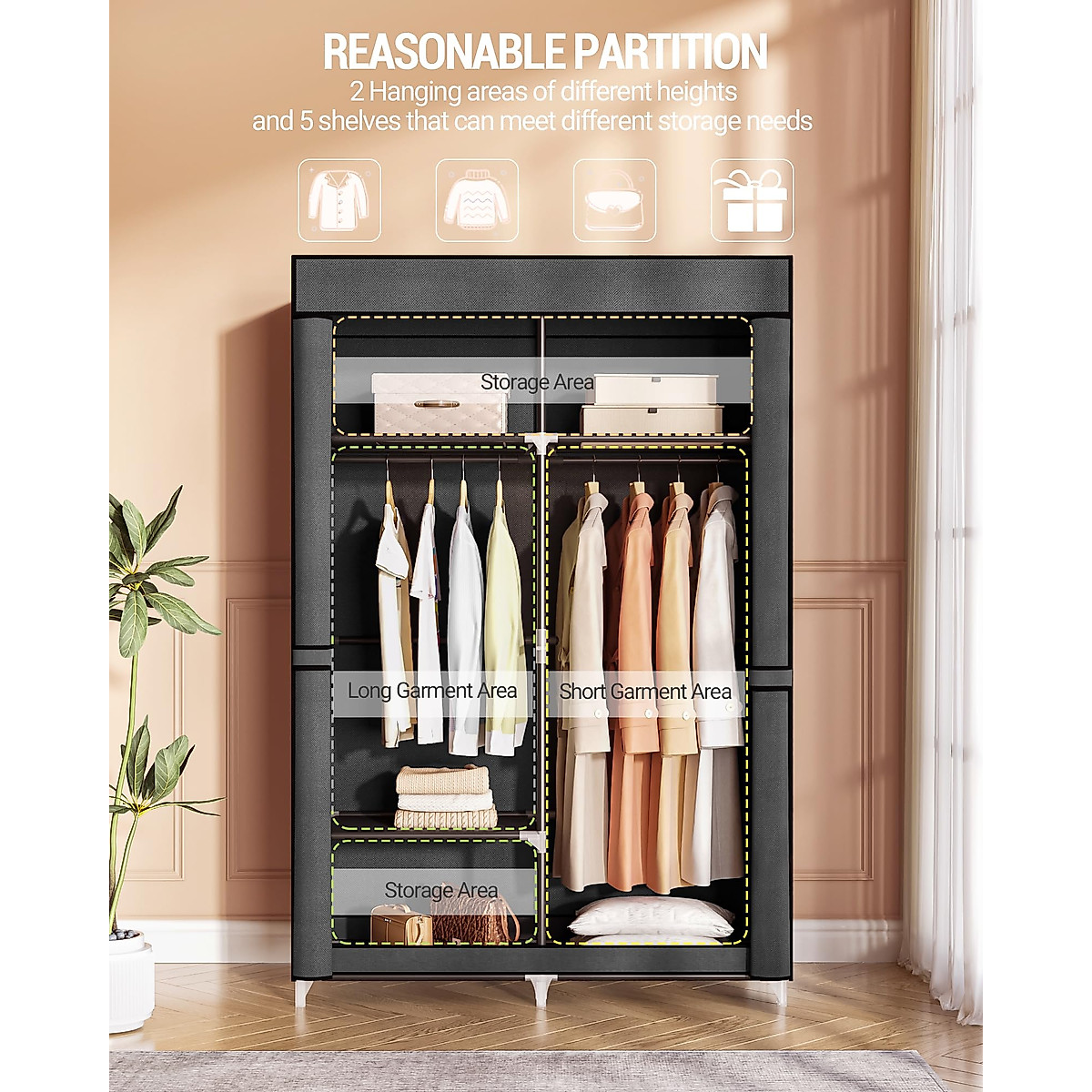 Hzuaneri 35.8 Inch Closet Wardrobe, Clothes Storage Organizer for Hanging Clothes with Cover, 2 Hanging rods, 5 Storage Shelves, Portable Closet for Bedroom 35.8 x 17.7 x 66 inches, Pure Black