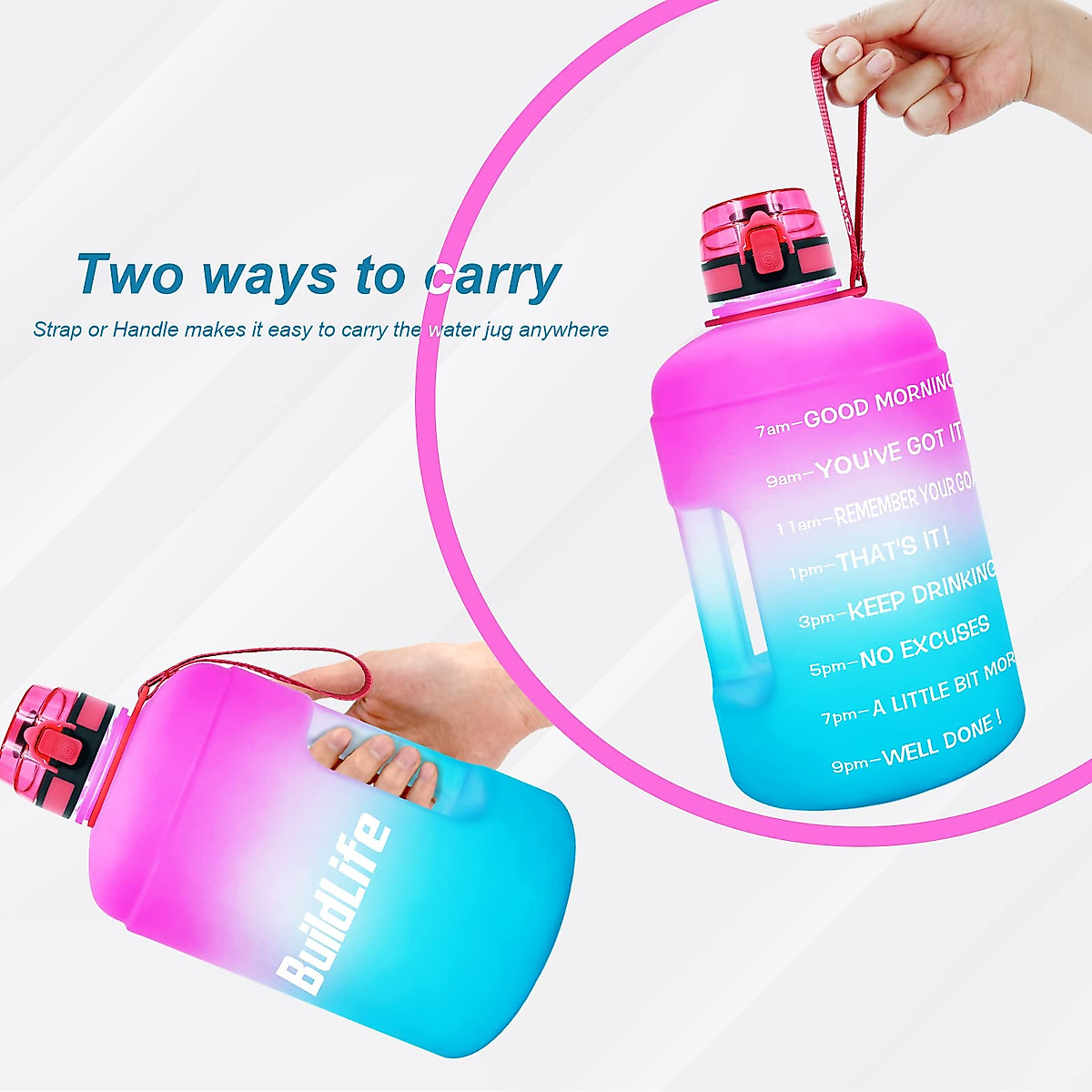 BuildLife Gallon Water Bottles with Times to Drink - Gallon Water Jug - 1 Gallon Water Bottle–128 oz Water Bottle,One Gallon Water Bottle with Time Marke for Gym(Pink Blue)