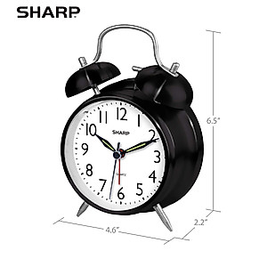 SHARP Twin Bell Alarm Clock - Loud Alarm - Great for Heavy Sleepers - Battery Operated Quartz Analog Clock (Midnight Black)