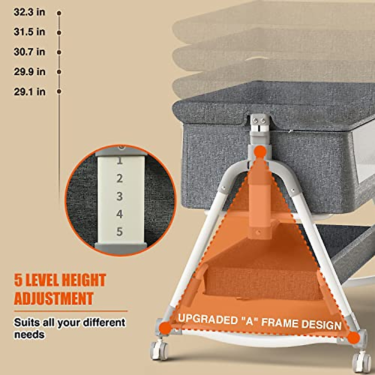 GJCOS Baby Bassinet Bedside Sleeper (Gray) - 3 in 1 Bedside Bassinet Cribs, Breathable Attached Mesh Side, Toddler Bassinet Attach to Bed, Adjustable & Convertible Bassinet Baby Co Sleeper for Bedside