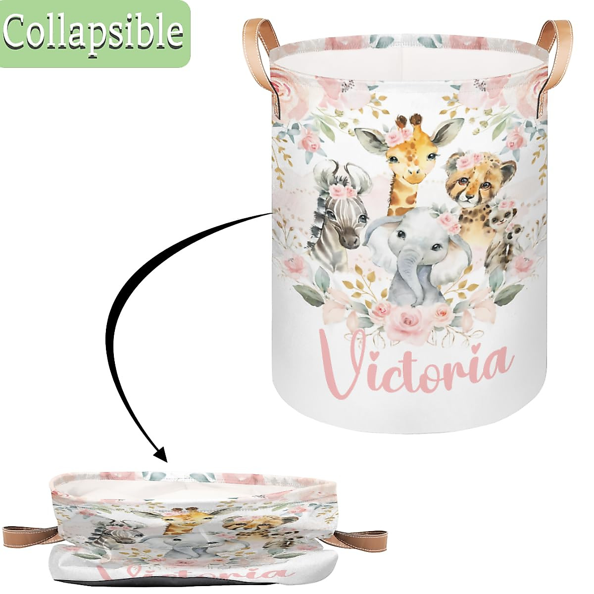 Personalized Laundry Basket, Custom Gift Laundry Hamper, Collapsible Nursery Waterproof Laundry Baskets, Dirty Clothes Toy Hamper with Handles Jungle Safari Blush Floral