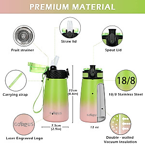 GOPPUS 12 oz Kids Water Bottle with Straw Lid & Spout Lid Vacuum Insulated Stainless Steel Cup Double Wall Kids Metal Water Bottles For School Boys Girls (Olive Pink 2 Lids)