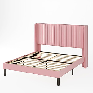 Allewie Full Size Velvet Bed Frame/Vertical Channel Tufted Wingback Headboard/Upholstered Platform Bed/Strong Wooden Slats/No Box Spring Needed/Easy Assembly/Pink