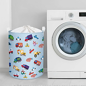 Clastyle 45L Cartoon Car Nursery Laundry Basket Blue Drawstring Collapsible Laundry Hamper with Handle Waterproof Toys Storage Basket for Kids Room, 14 * 17.7 in