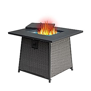 Domi Gas FirePit Table, 28 Inch 50,000 BTU Outdoor Wicker Patio Propane Firepit w/Blue Glass Rocks, Hideaway Tank Holder, ETL Certification, Cover Lid, Wood Look Tabletop (Square)