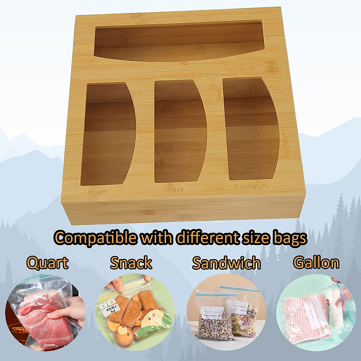 SZJHXIN Ziplock Bag Storage Organizer for Kitchen Drawer, Bamboo Ziplock Food Storage Bag Organizer, Compatible with Gallon, Quart, Sandwich and Snack Variety Size Bag