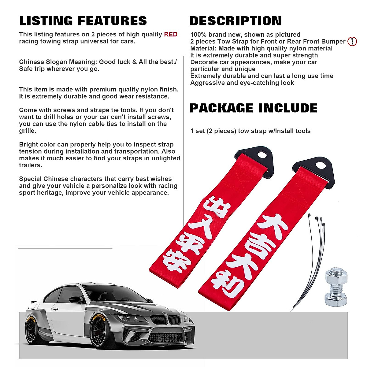 Xotic Tech Tow Strap JDM Sports Red Racing Tow Strap Car Modification Decorative Trailer Belt Personalized with Chinese Slogan Fit for Rear Front Bumper (Good Luck/Safe Trip Wherever You go)