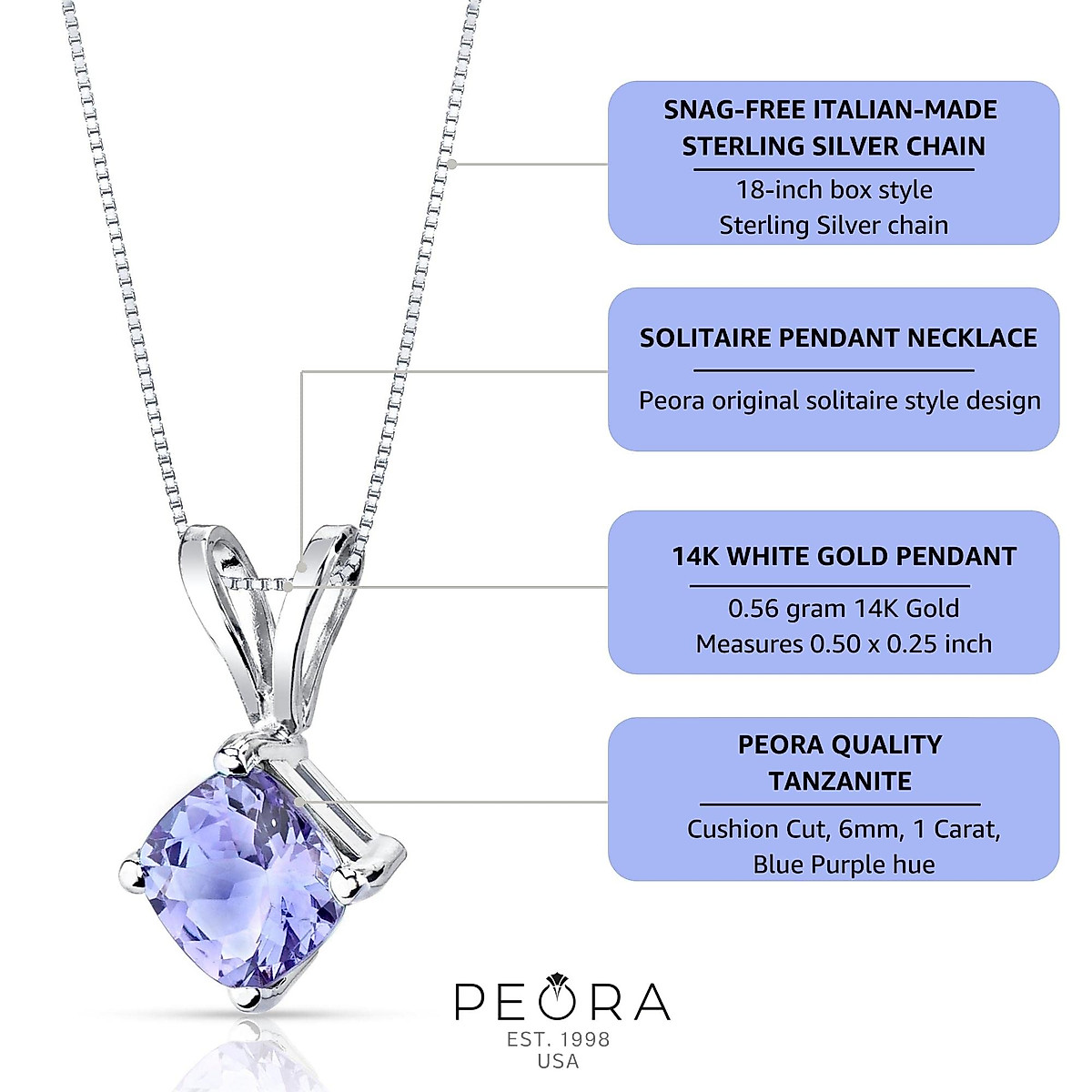 PEORA 14K White Gold Tanzanite Pendant for Women, Genuine Gemstone Classic Solitaire, 1 Carat Cushion Cut, 6mm, AAA Grade