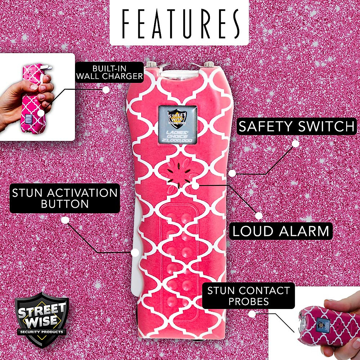 Streetwise Ladies Choice 21,000,000 Stun Gun for Women Self Defense - Personal Defense Equipment with Loud Alarm and Flashlight - Rechargeable with Holster and Safety Switch - Pink Stripes