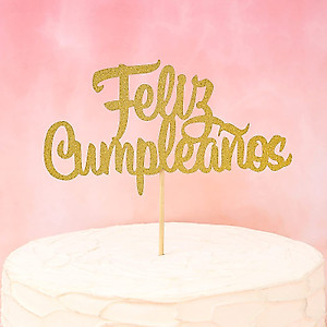 Spanish Feliz Cumpleaños Cake Topper - Gold Glitter Happy Birthday Cake Topper, Fiesta Theme Party Decoration supplies, single-side gold glitter decorations