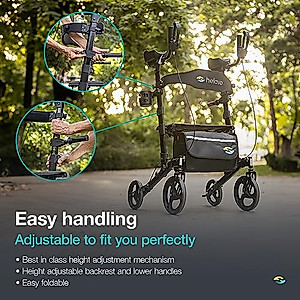 Helavo Upright Walker with Seat, 10" Front Wheels, 26.4 Wide - Foldable Stand Up Walker for Seniors with Padded Armrests - Tall Standing Rollator