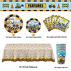 PREMIUM (16 SERVES) CONSTRUCTION BIRTHDAY SET - Construction Birthday Party Supplies, All in One Truck Construction Party Supplies- Plate, Cups, Spoons, Fork, Napkins. Construction Birthday Decorations for Boys