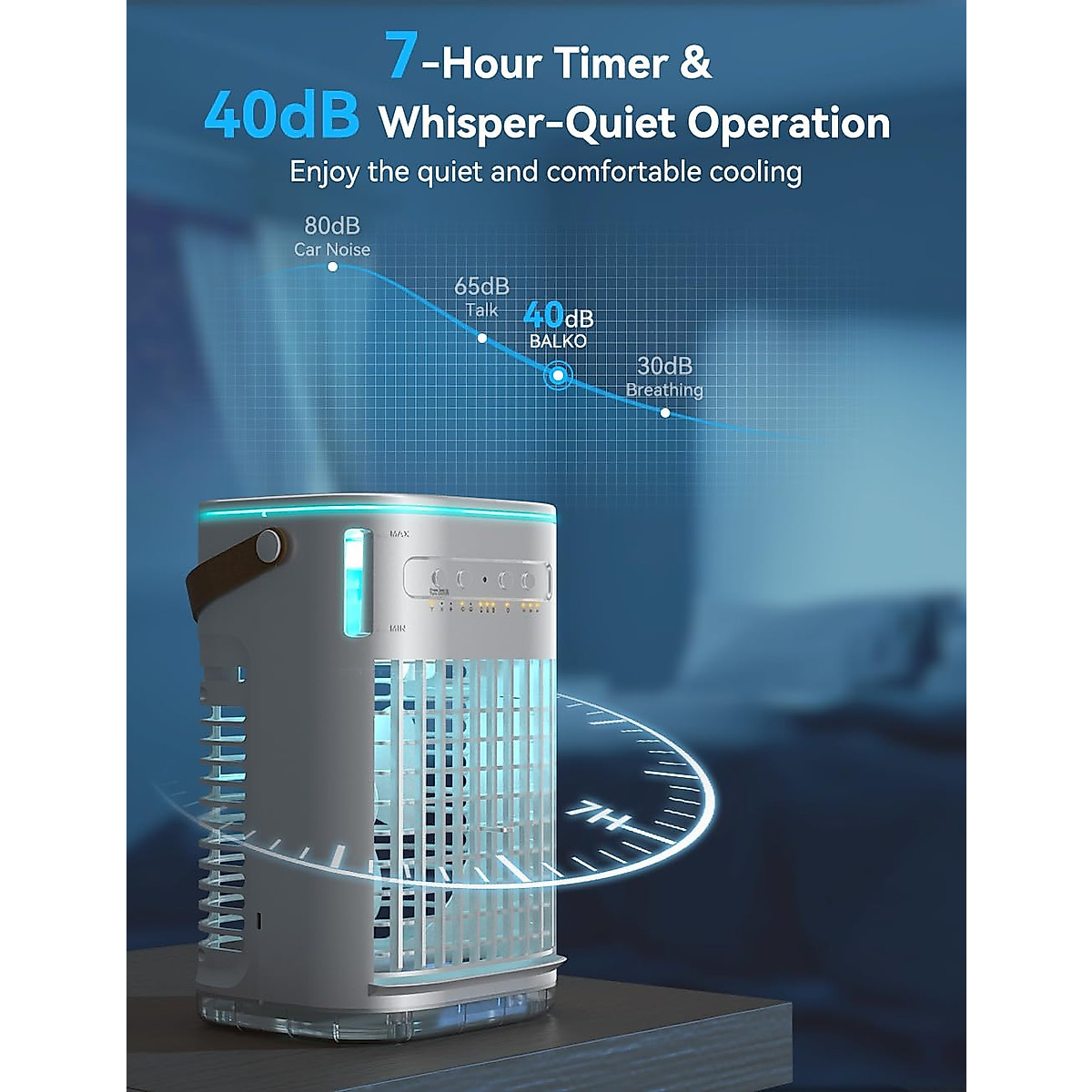 BALKO 4 IN 1 Personal Air Conditioner w/ 5400mAh Li-ion Battery, 2 Ice Packs, 7H Timer for Auto-Off & Remote, 7-LED Lights, 1200ML Tank Small Air Conditioner, Portable Evaporative Air Cooler for Room