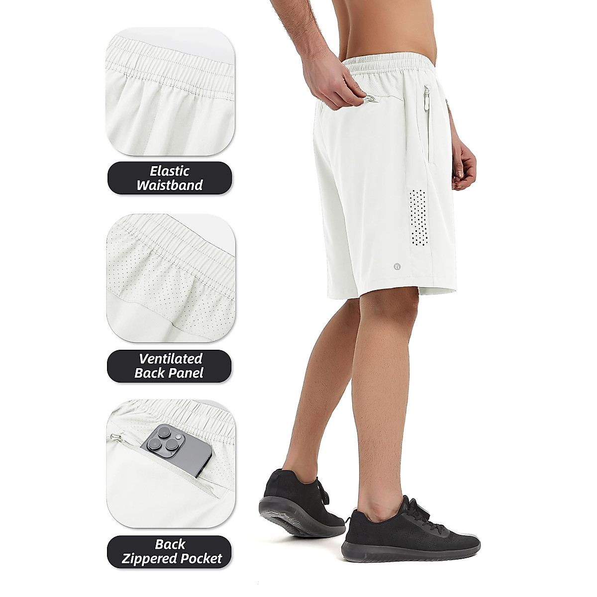 HIFEOS Mens Athletic Shorts -Running, Tennis Gym Workout Shorts for Men 5"/7"/9"- Comfort, Lightweight, 3 Zippered Pockets White