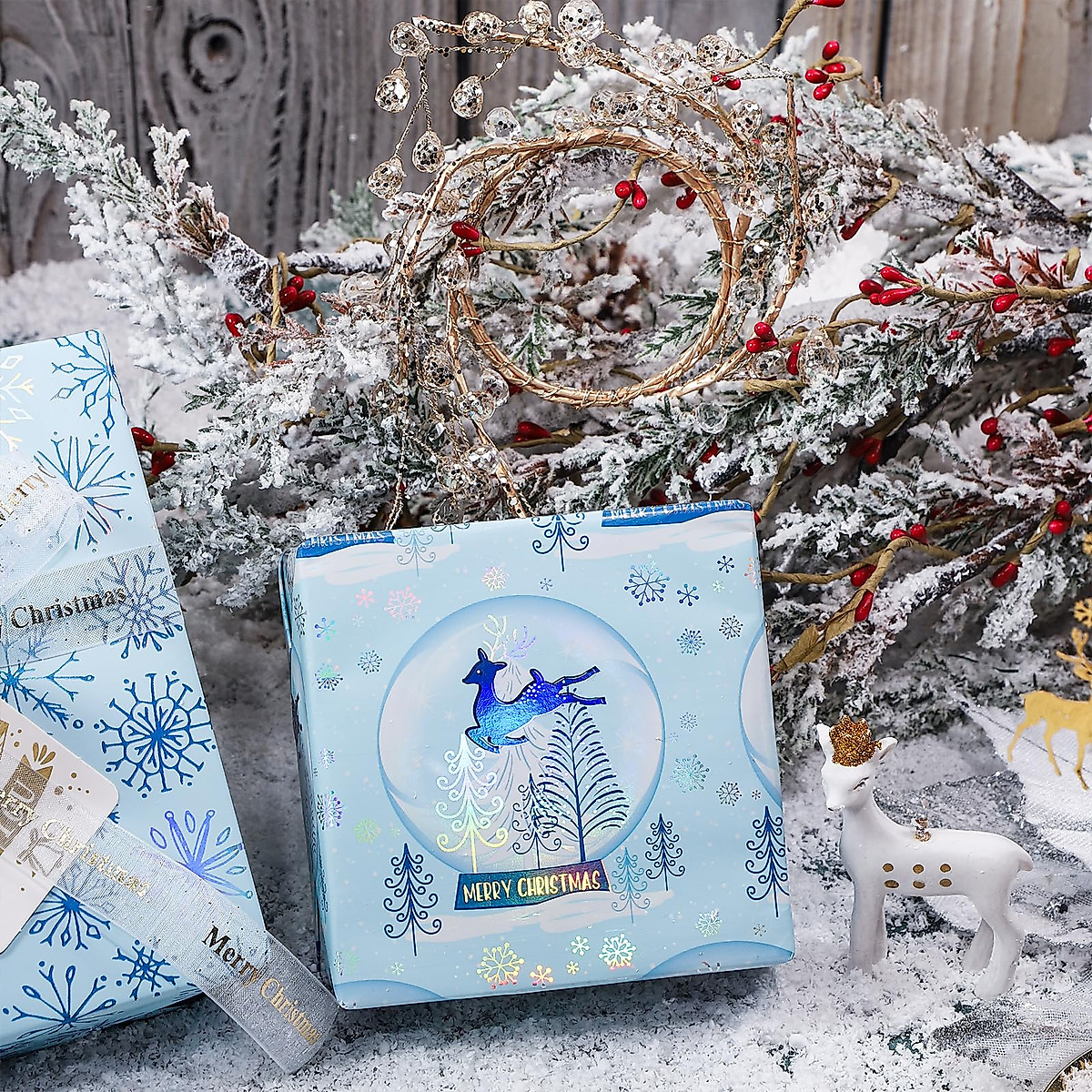 LeZakaa Blue Christmas Wrapping Paper - Mini Roll with Metallic Foil - Snowman/Crystal Ball/Snowflake for Gift Wrap, DIY Craft - 17 x 120 inches - 3 Rolls (42.5 sq.ft.ttl.)