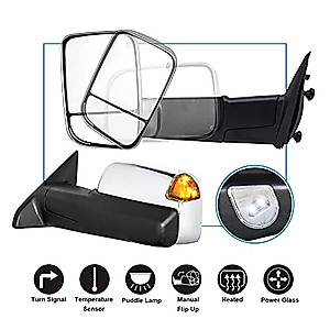 JZSUPER Towing Mirrors fit for 2009-2018 Dodge Ram 1500, Ram 2500, Ram 3500 Pickup Truck with Power Heated LED Puddle Lamp Turn Signal Lights Temperature Sensor Chrome Cap