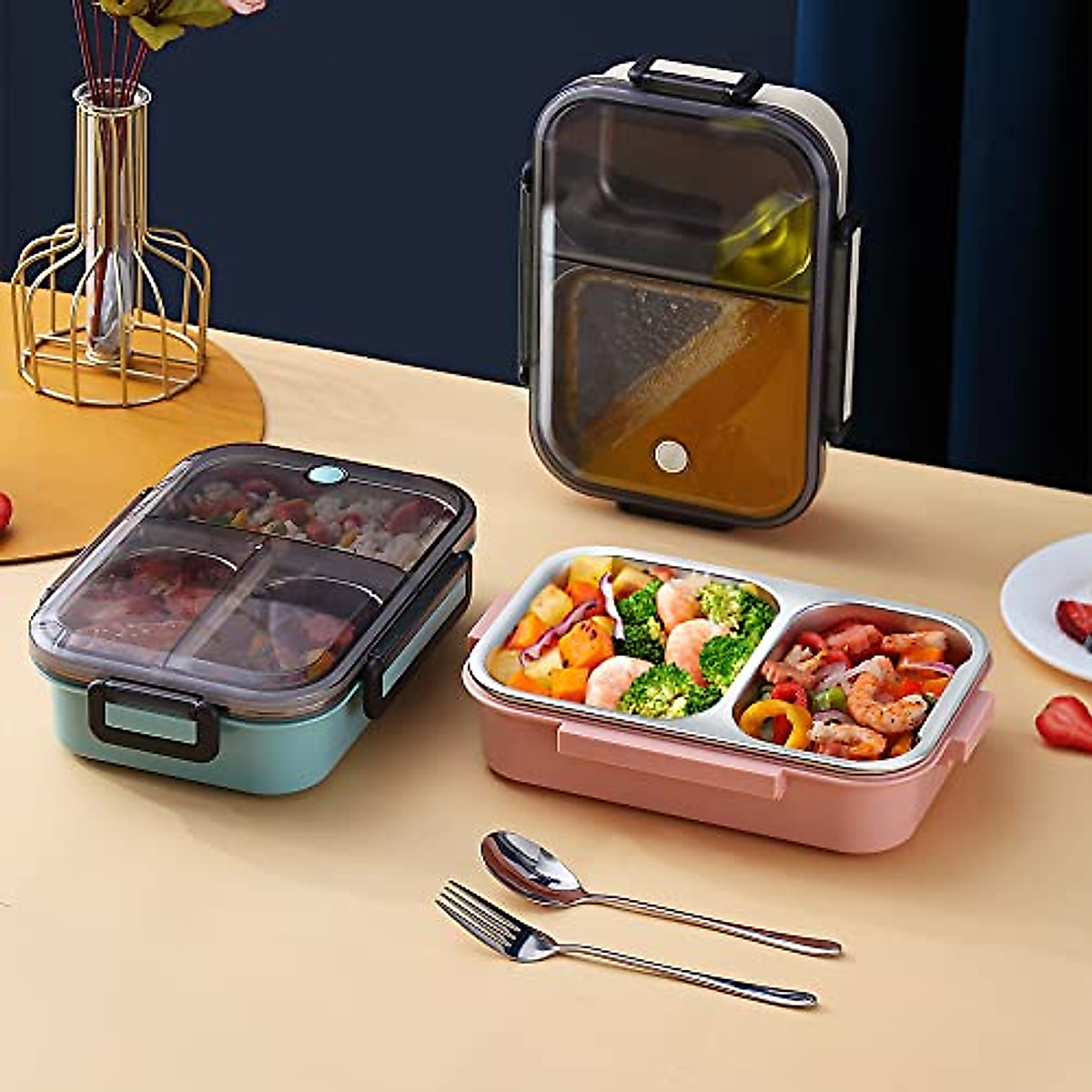 YBOBK HOME Portable Thermal Bento Lunch Box, 2 Compartments Divided Lunch Container For Adult To Work, 18/8 Stainless Steel Leak-Proof Food Container With Insulated Bag & Sauce Box (Blue 34oz)