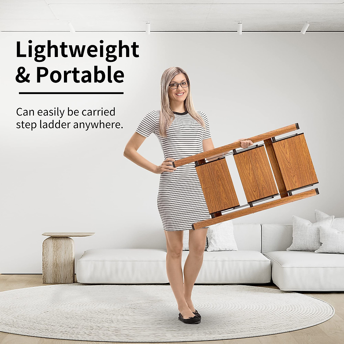 SOLADDER 3 Step Ladder Anti-Slip Foldable Step Stool Aluminum Lightweight with Wide Pedal for Home and Kitchen Space Saving - Woodgrain (330 lbs)