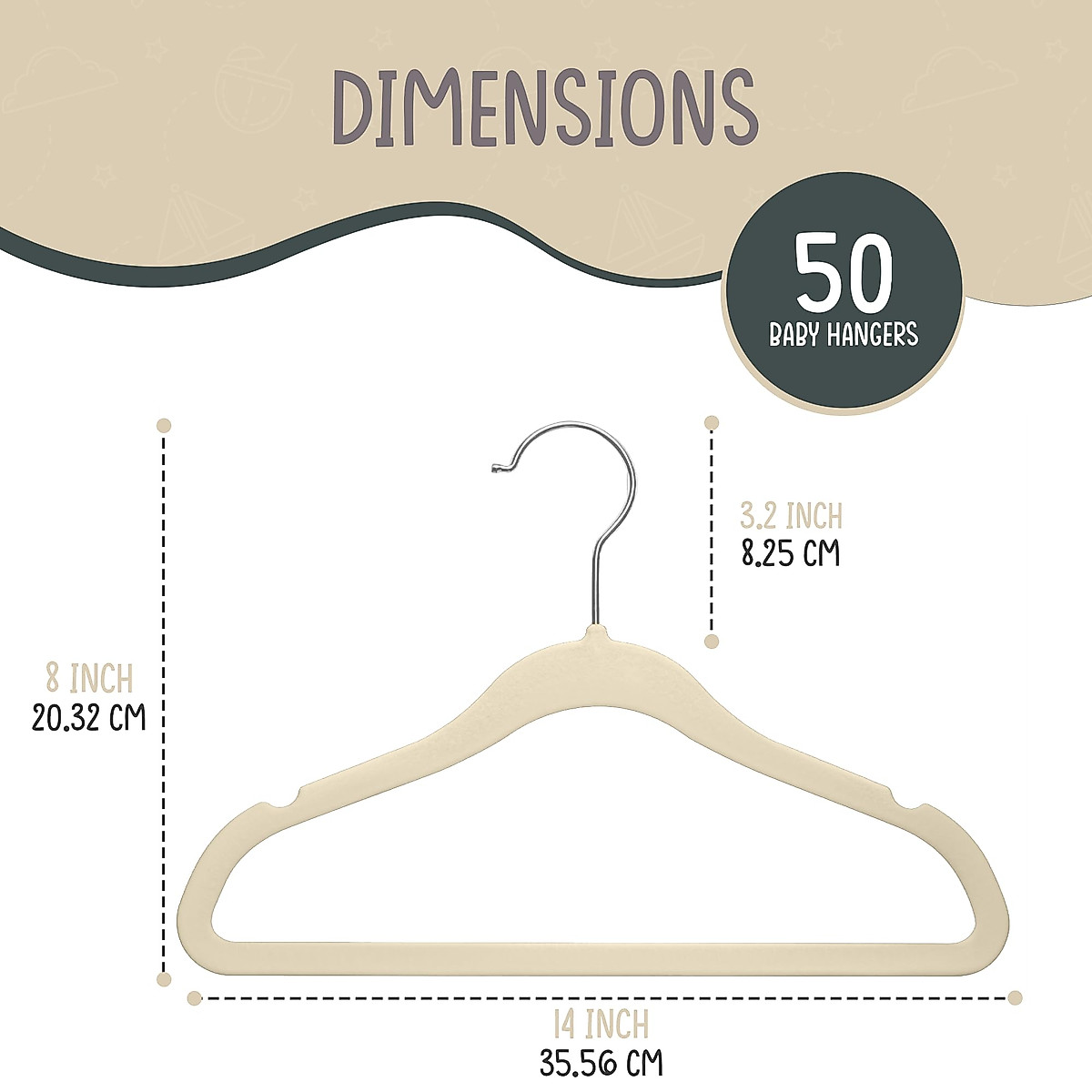 TechZoo 50 Premium Baby Velvet Hangers - 11" Inch Non-Slip Baby Hangers, Ultra-Slim Space-Saving Children Hangers - 360° Swivel Hook, Strong & Durable Infant & Toddler Clothes Hangers - Ivory