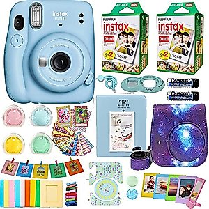 Fujifilm Instax Mini 11 Camera + Fuji Instant Instax Film (40 Sheets) & Includes Case + Assorted Frames + Photo Album + 4 Color Filters and More Bundle (Sky Blue)