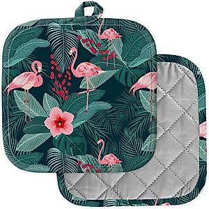[Pack of 2] Pot Holders for Kitchen, Washable Heat Resistant Pot Holders, Hot Pads, Trivet for Cooking and Baking ( Flamingo Leaves Monstera )
