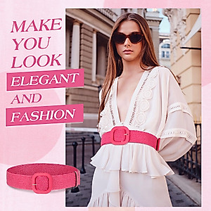 Syhood Women Straw Woven Belt Elastic Rattan Waist Belt Stretch Boho Dress Braided Belt Raffia Belt with Wood Buckle for Girl (Rose Red)