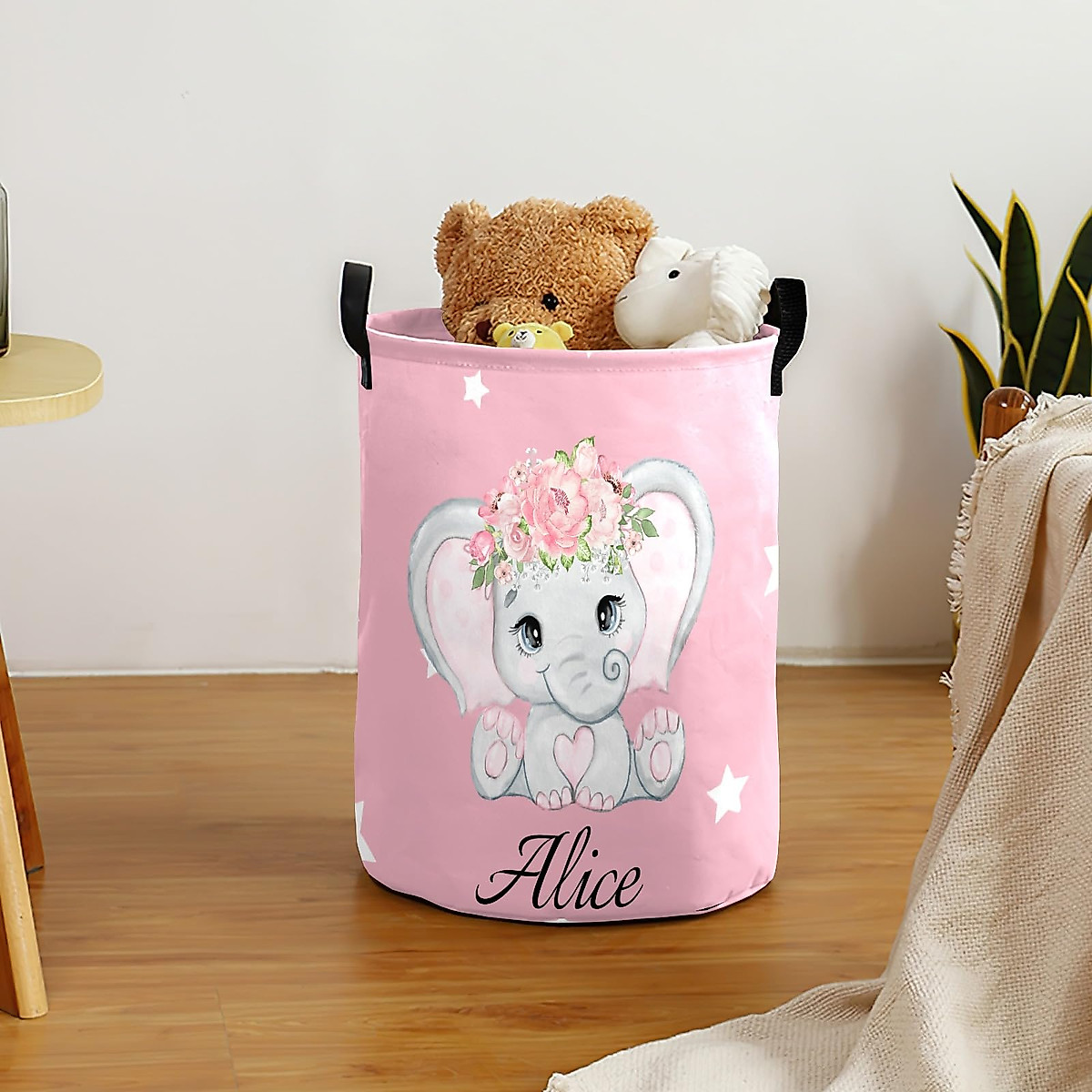 Lomfeli Personalized Large Laundry Basket, Folding Laundry Basket With Handle Storage Dirty Clothes Basket Baby Hamper For Nursery Room Laundry Room(Pink Elephant)