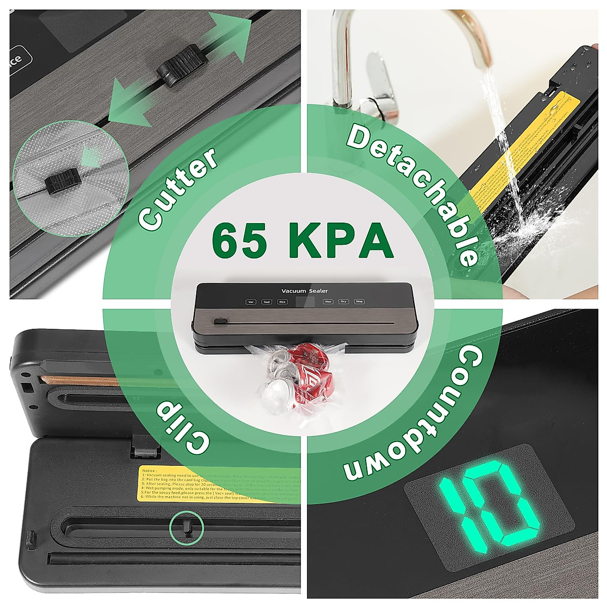 Chidoyii Vacuum Sealer Machine Dry & Moist Food Modes, 6-in-1 Compact Detachable Food Sealer Vacuum Sealer, Build-in Cutter and Countdown with 20 Vacuum Seal Bags