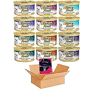 Fancy Feast Grilled Wet Canned Food cat Food Bundle, Variety Pack :02 Seafood,02 Chicken, 02 Tuna,02 Turkey,02 Liver&Chicken,02 Beef Grilled. Pack of 12 cans in Total. Plus Booklet.
